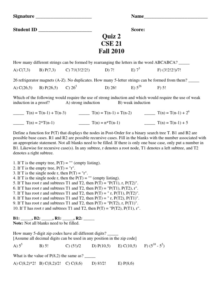 Quiz 2 CSE 21 Fall 2010 | PDF | Computer Data | Computer Programming