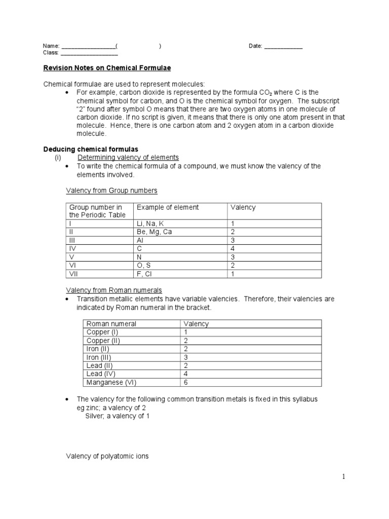 Revision Notes On Chemical Formulae: Name: - Date: - Class | PDF ...