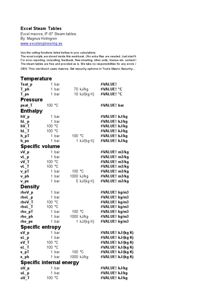 Excel Steam Tables v01 | Enthalpy | Vapor