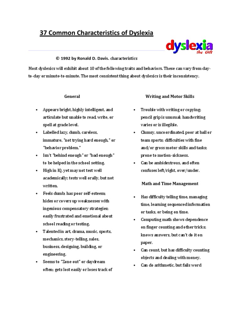 37 Common Characteristics of Dyslexia | PDF | Dyslexia | Phonics