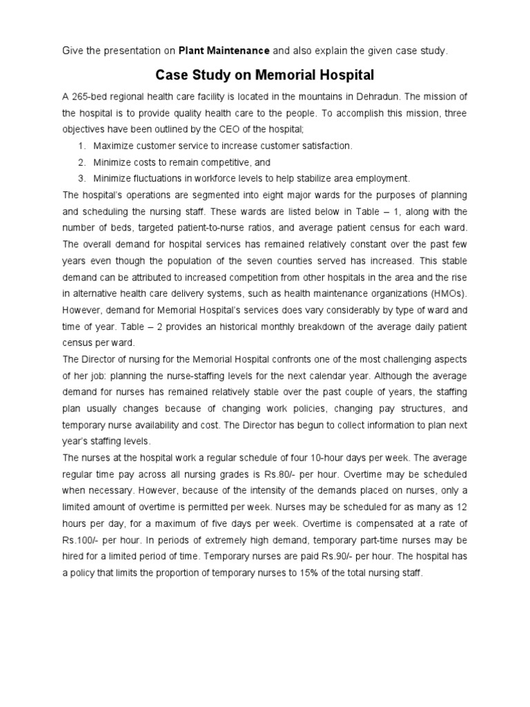 Case Study On Memorial Hospital | PDF | Nursing | Health Maintenance ...