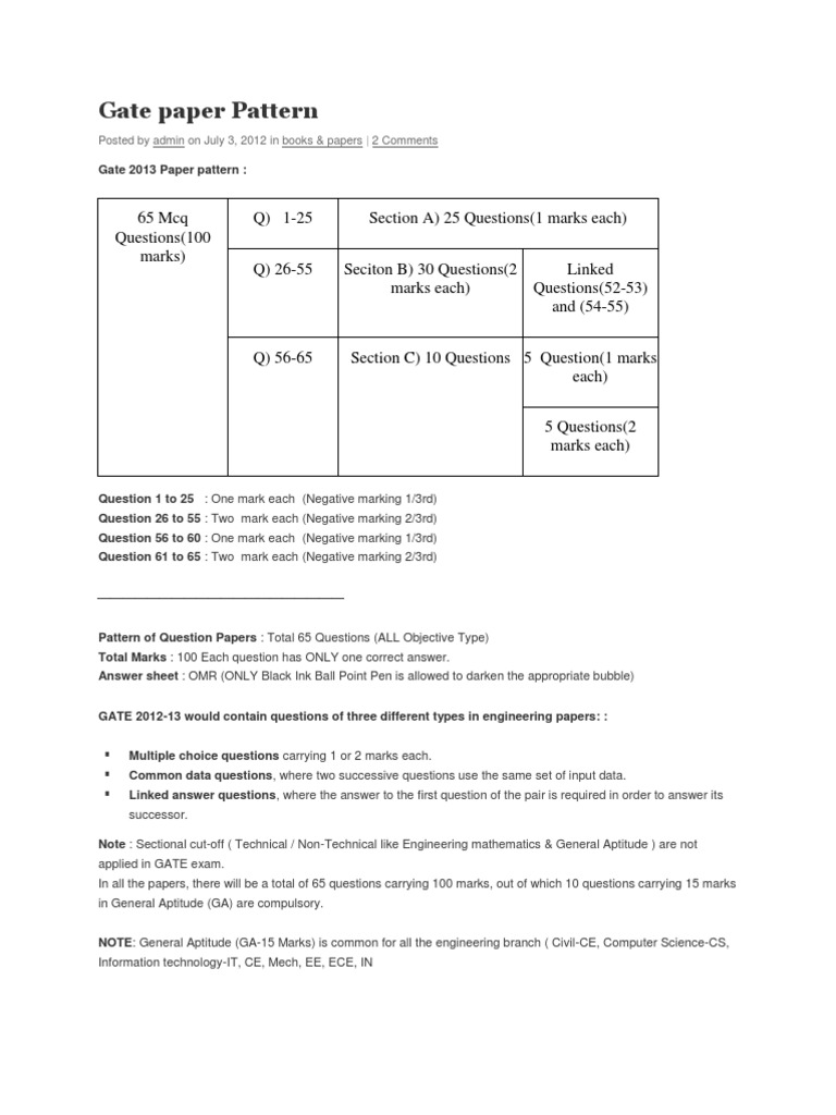 Gate Paper Pattern: 65 MCQ Questions (100 Marks) Q) 1-25 Section A) 25 ...