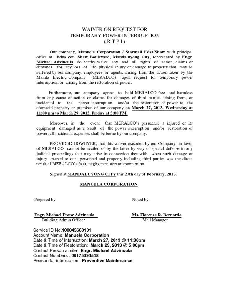 MERALCO waiver temporary power interruption | PDF