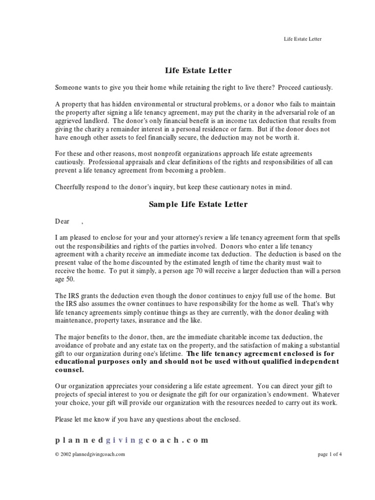 Sample Life Estate Letter | Leasehold Estate | Charitable Organization