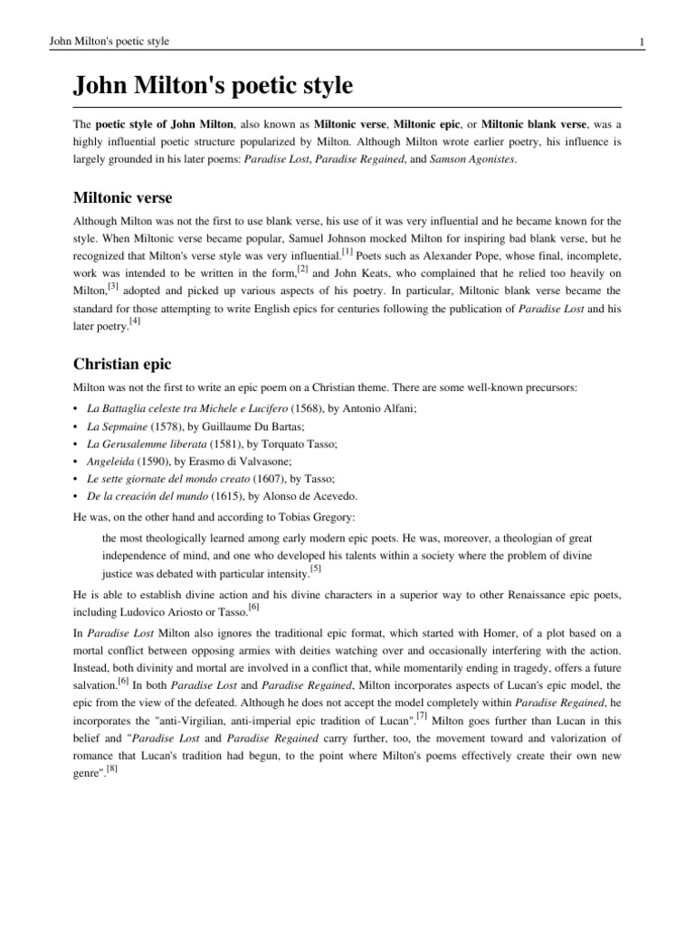 John Milton S Poetic Style | PDF | John Milton | Tragedy