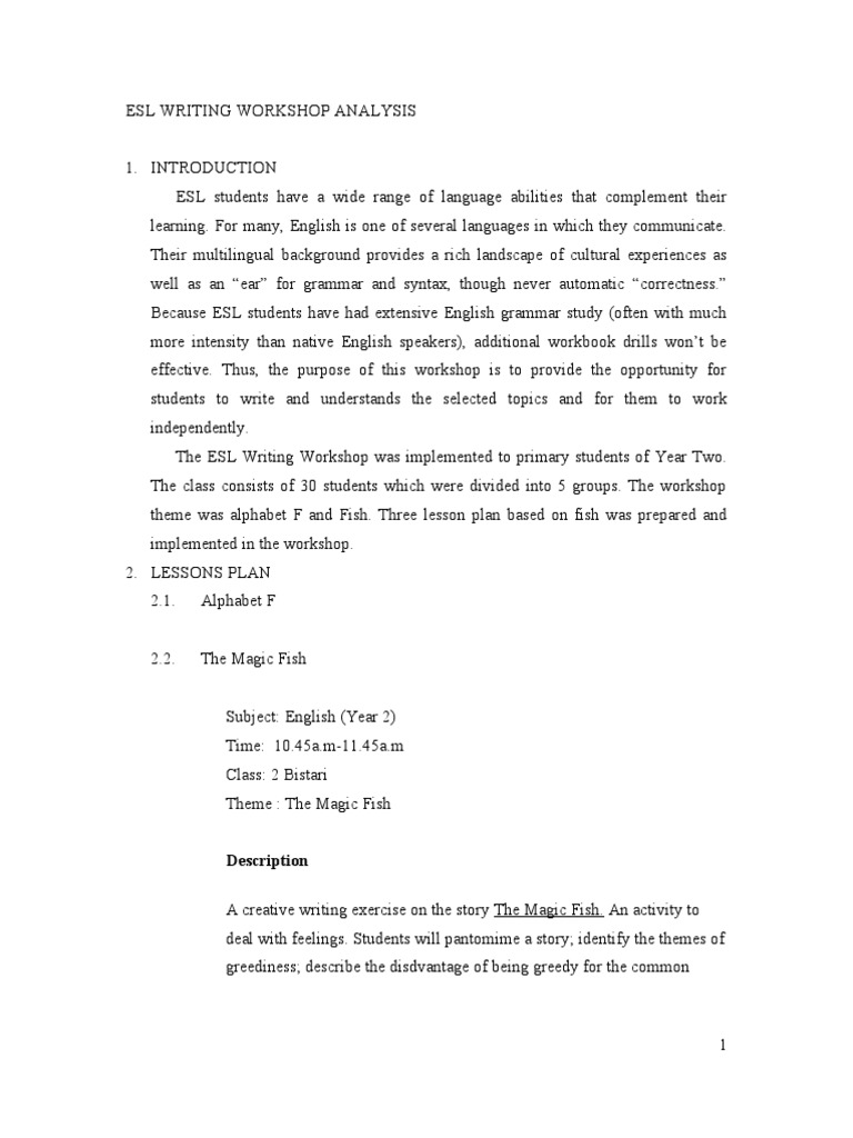 ESL Writing Workshop Analysis | PDF | English Language | Lesson Plan