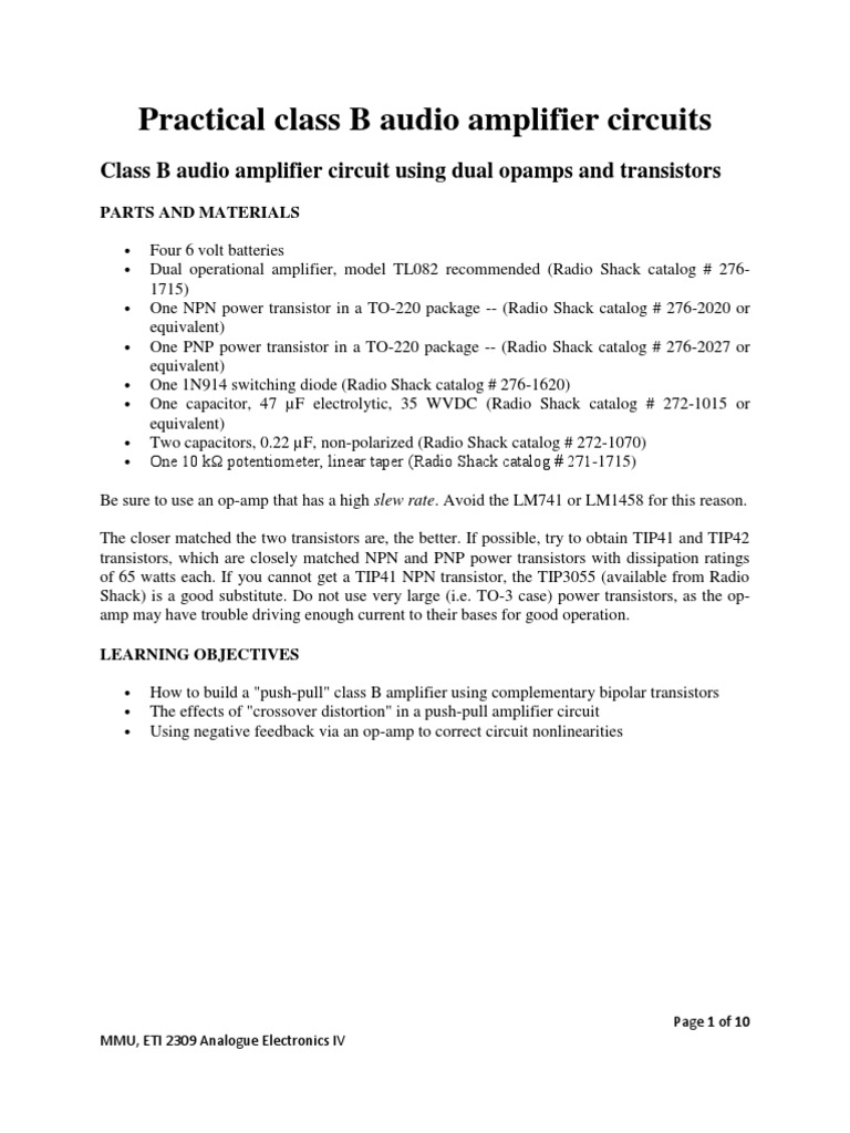 Class B Audio Amplifier Pdf Pdf Amplifier Operational Amplifier
