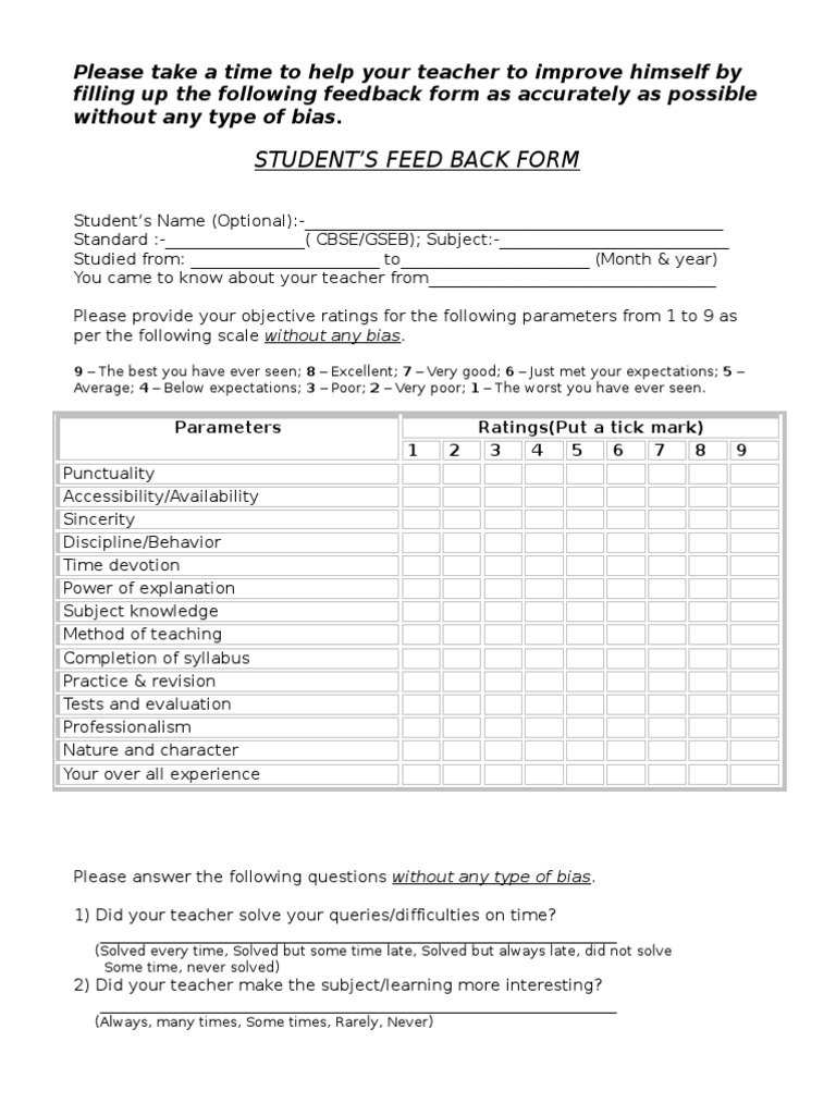 Student's Feed Back Form | PDF | Bias | Pedagogy