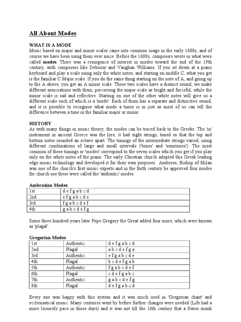 All About Modes | PDF | Mode (Music) | Scale (Music)