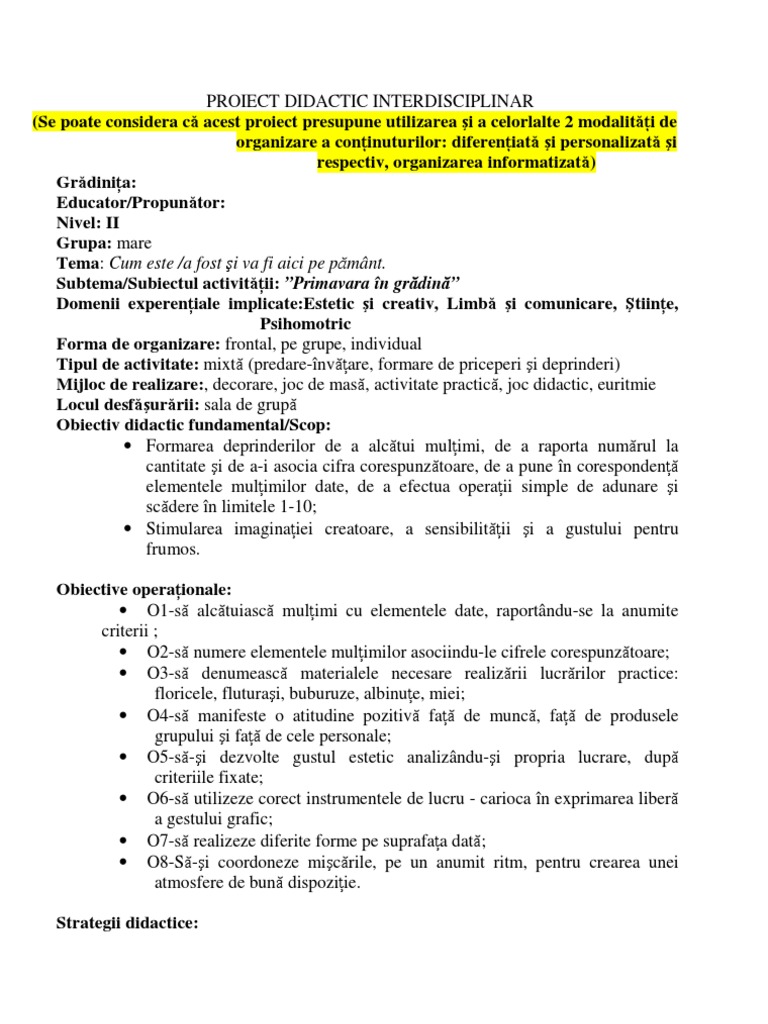 Modele PROIECT de LECTIE Operationalizarea Obiectivelor