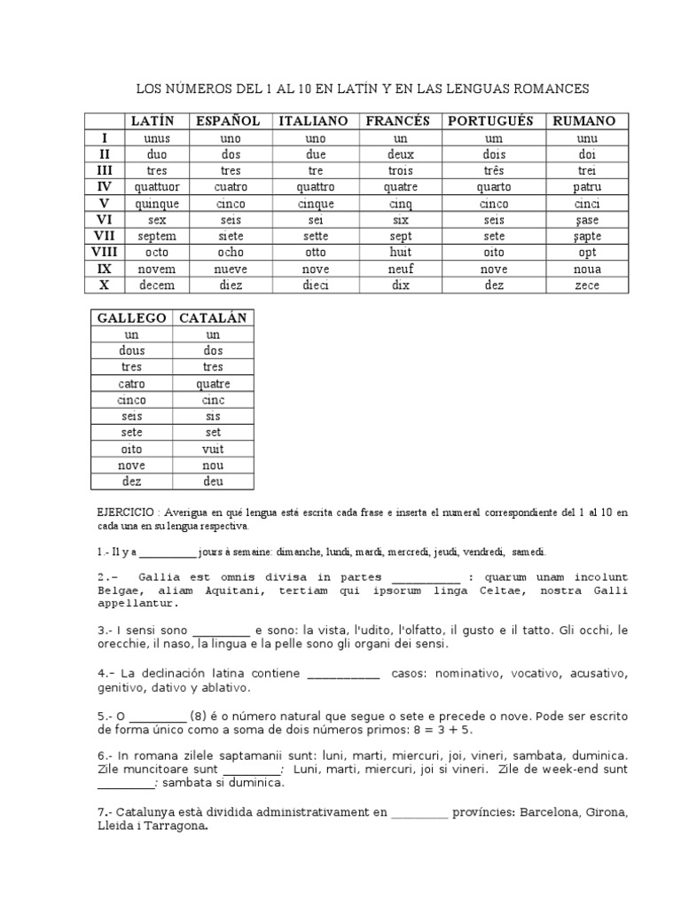 Los Números Del 1 Al 10 en Latín y en Las Lenguas Romances | PDF ...