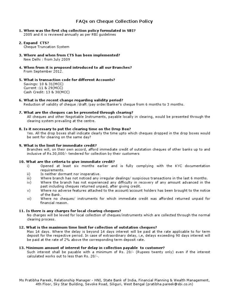 SBI Cheque Collection Policy FAQs | PDF | Cheque | Banks
