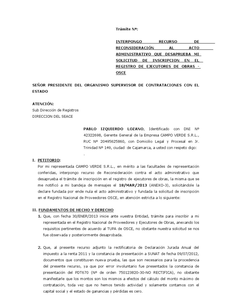 2.recurso de Reconsideración Osce | PDF | Gobierno