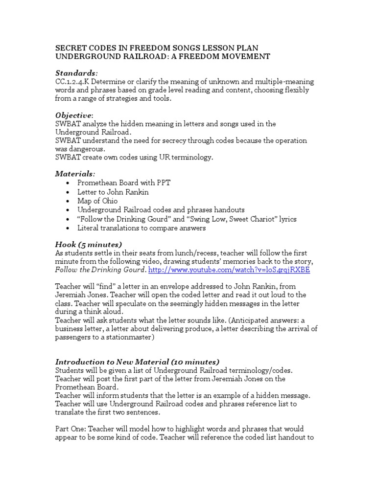 Freedom Songs Lesson Plan | PDF | Underground Railroad | Translations