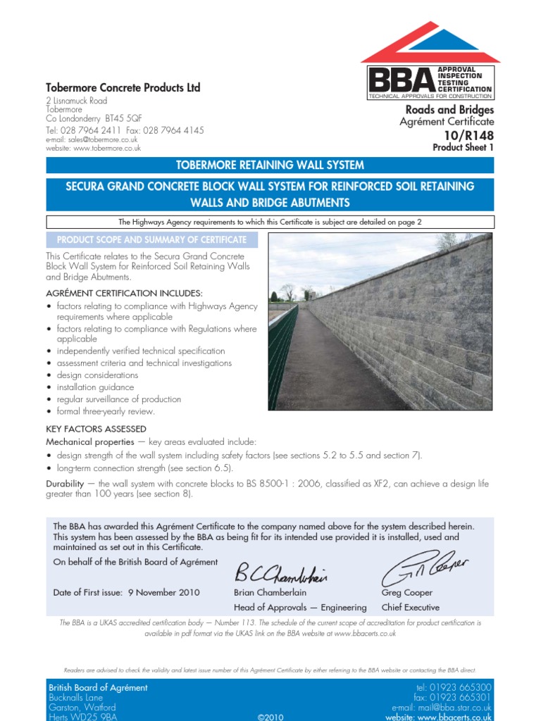 BBA Cert For Tobermore Retaining Wall System (2010) | PDF | Concrete | Strength Of Materials