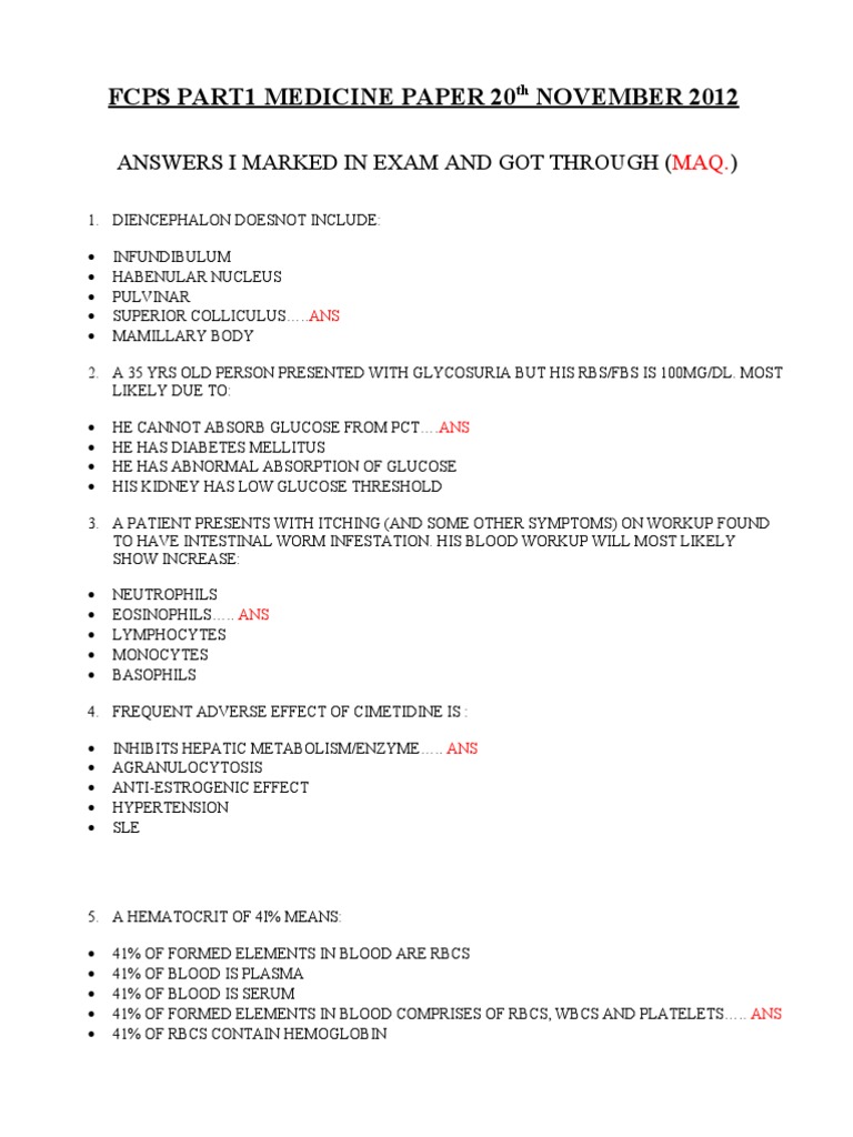 MaQ. Medicine - Nov - 20-2012 (FCPS 1 Solved Paper) | PDF | Liver | Heart