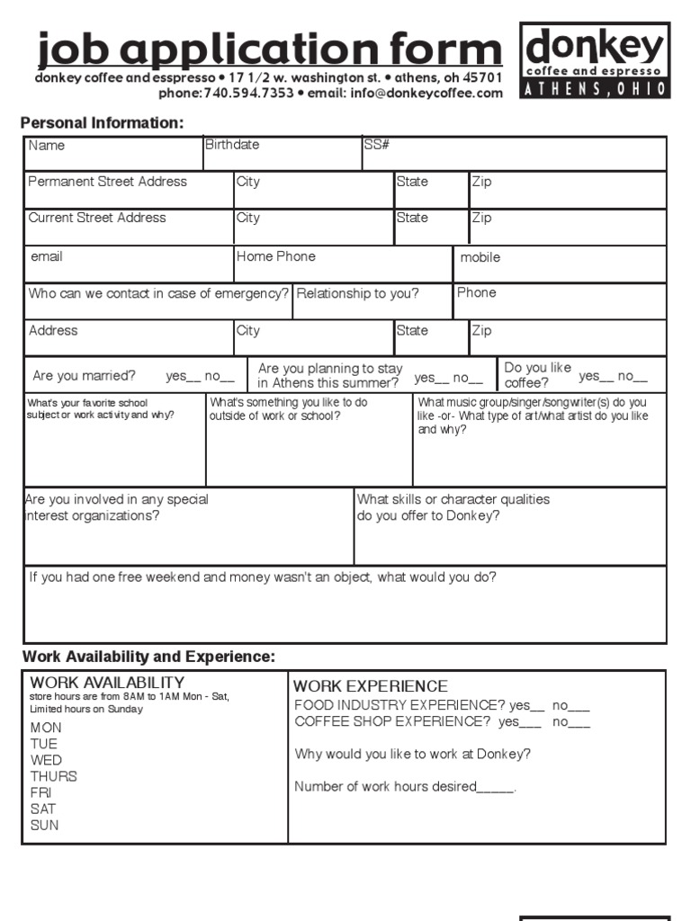 Donkey Coffee Job Application | PDF | Language Arts & Discipline