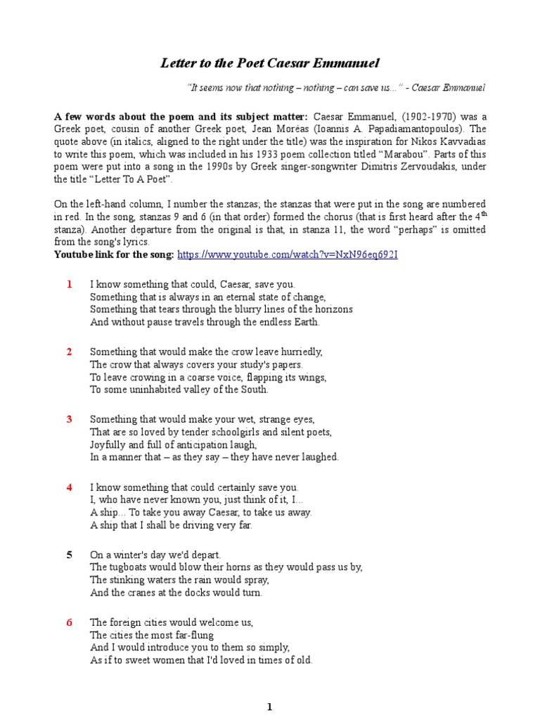 Letter To The Poet Caesar Emmanuel | PDF | Poetry