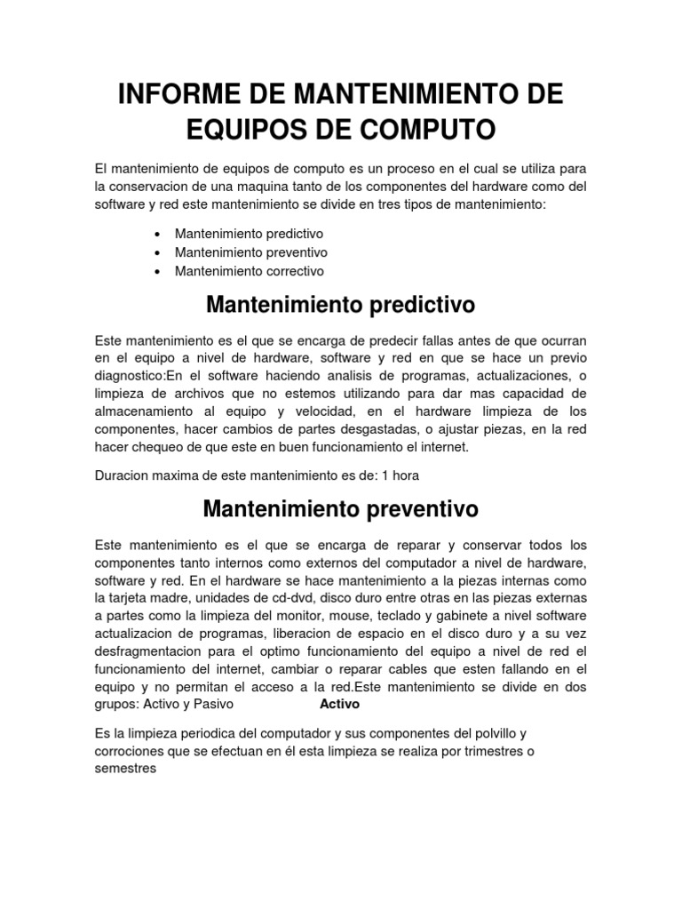 Informe de Mantenimiento de Equipos de Computo