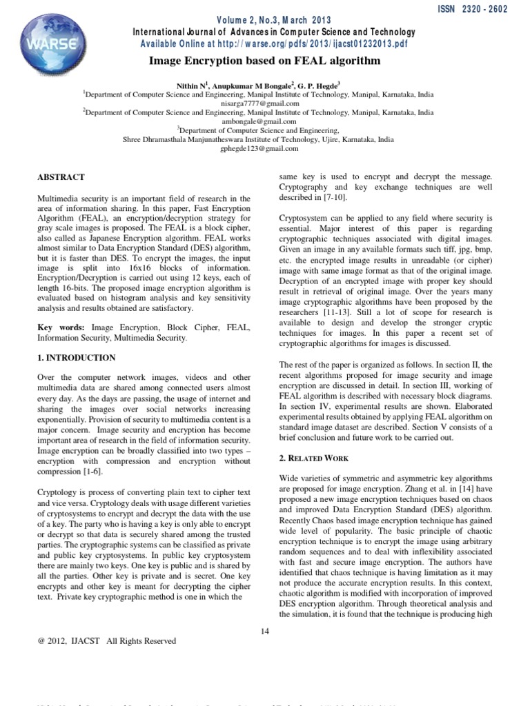 Image Encryption Based On Feal Algorithm Pdf Cryptography Key Cryptography 