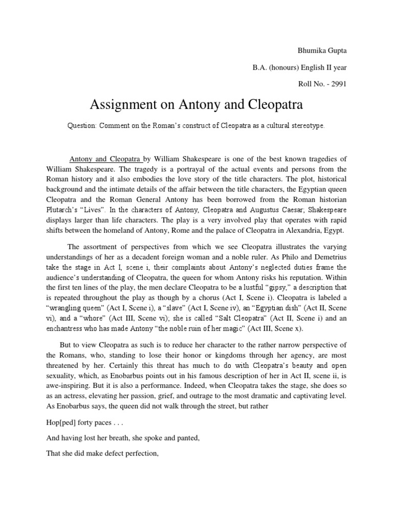 Assignment On Antony and Cleopatra | PDF | Cleopatra | Mark Antony