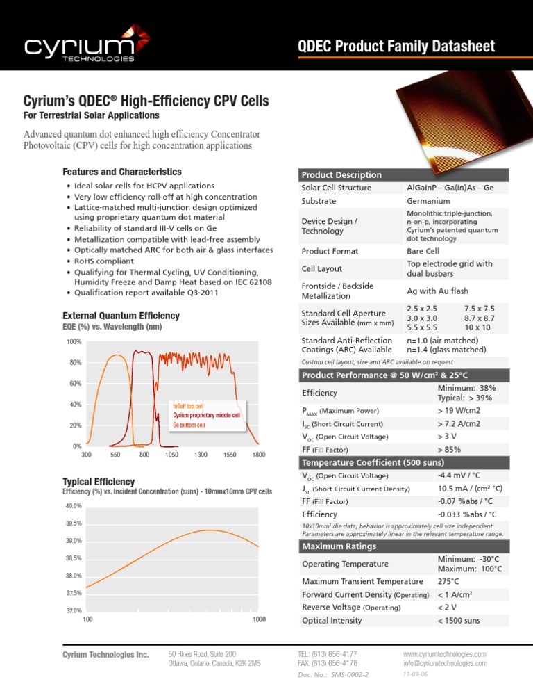 QDEC Product Family Datasheet SMS-0002-2 | PDF | Germanium | Solar Cell