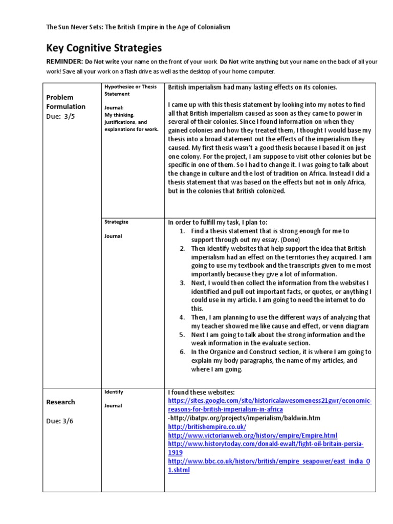 Key Cognitive Strategies: Reminder | PDF | Imperialism | Colonialism