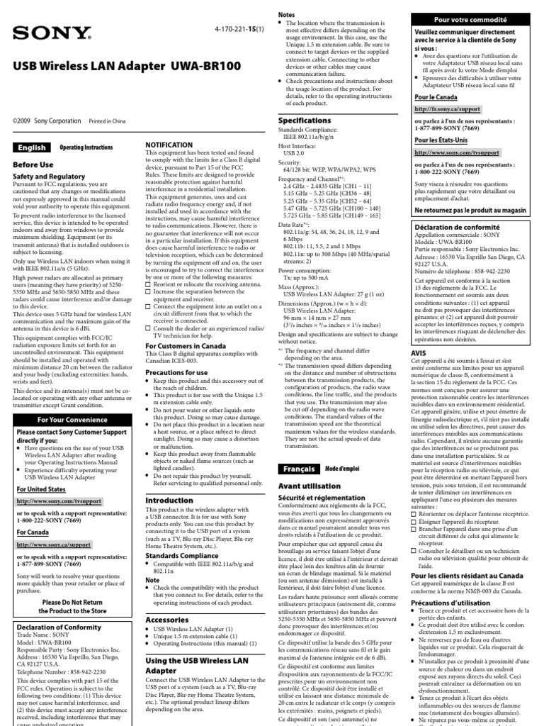 SONY - UWABR100 SONY USB Wireless LAN Adapter UWA-BR100 | PDF | Antenna ...