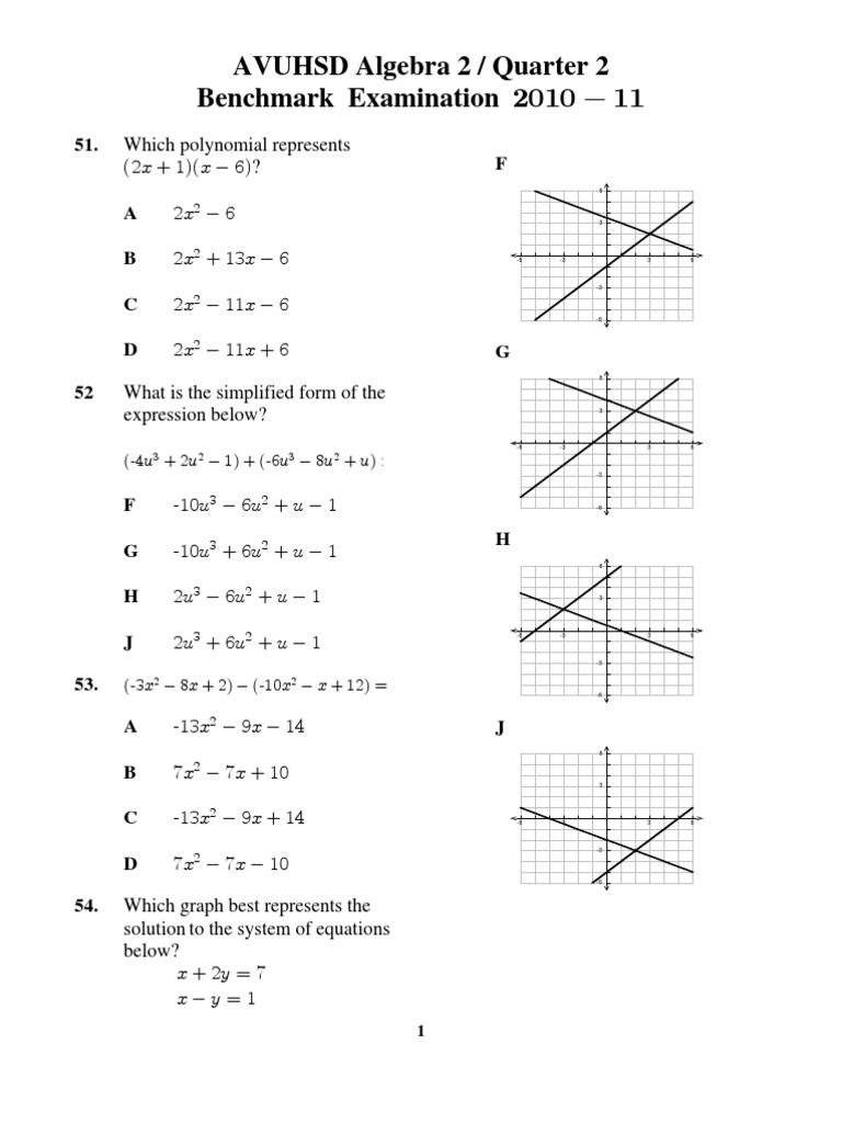 Algebra 2 Benchmark Test | PDF | Mean | Equations