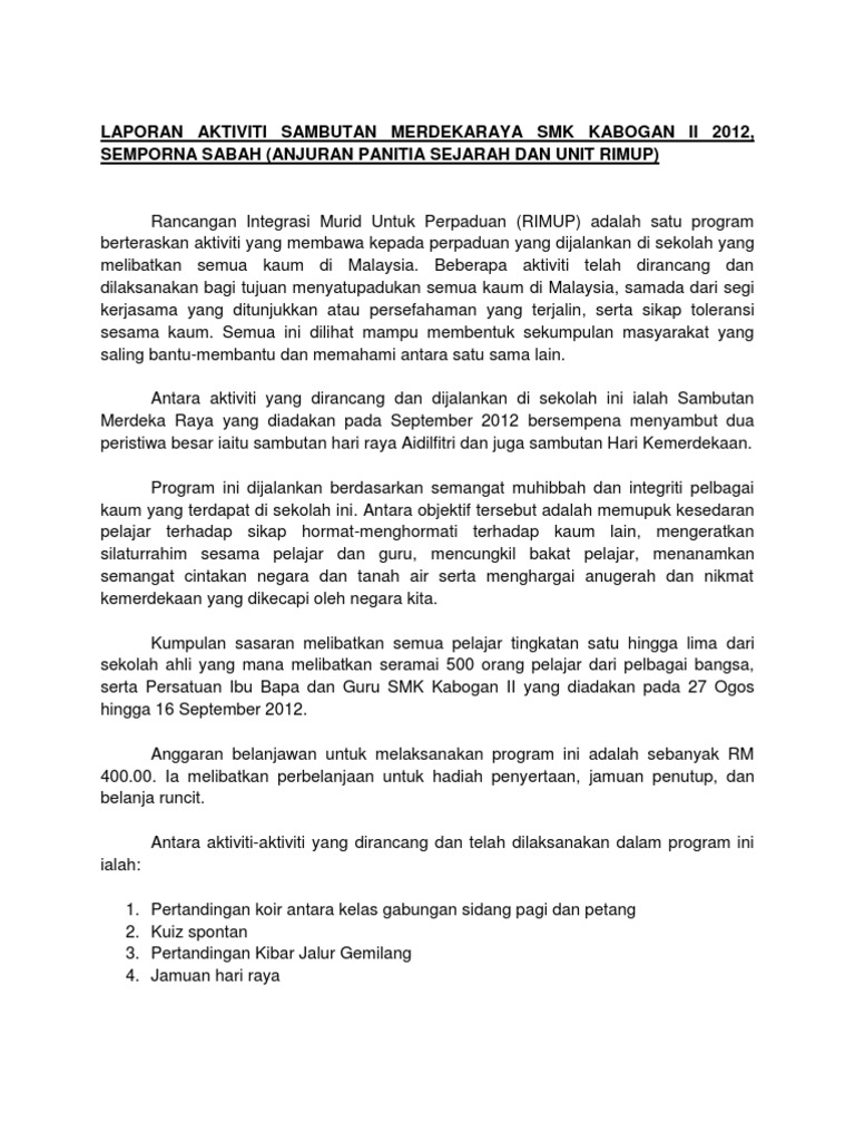 Laporan Aktiviti Rancangan Integrasi Murid Untuk Perpaduan | PDF