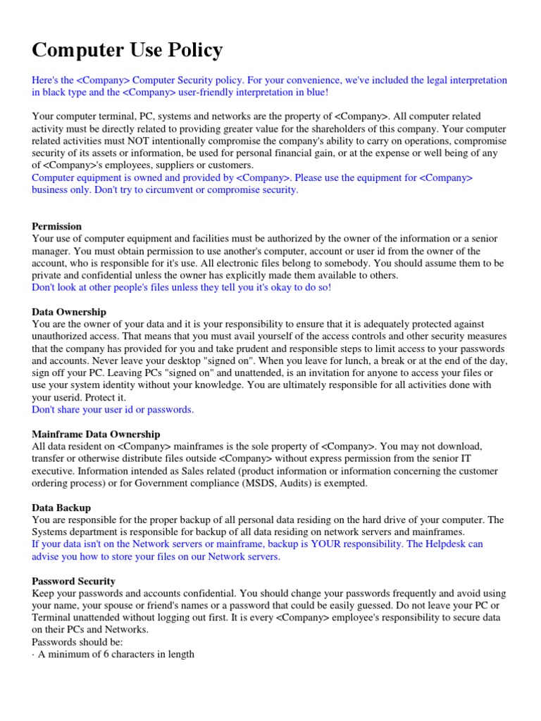 Computer Use Policy | PDF | Internet | Password