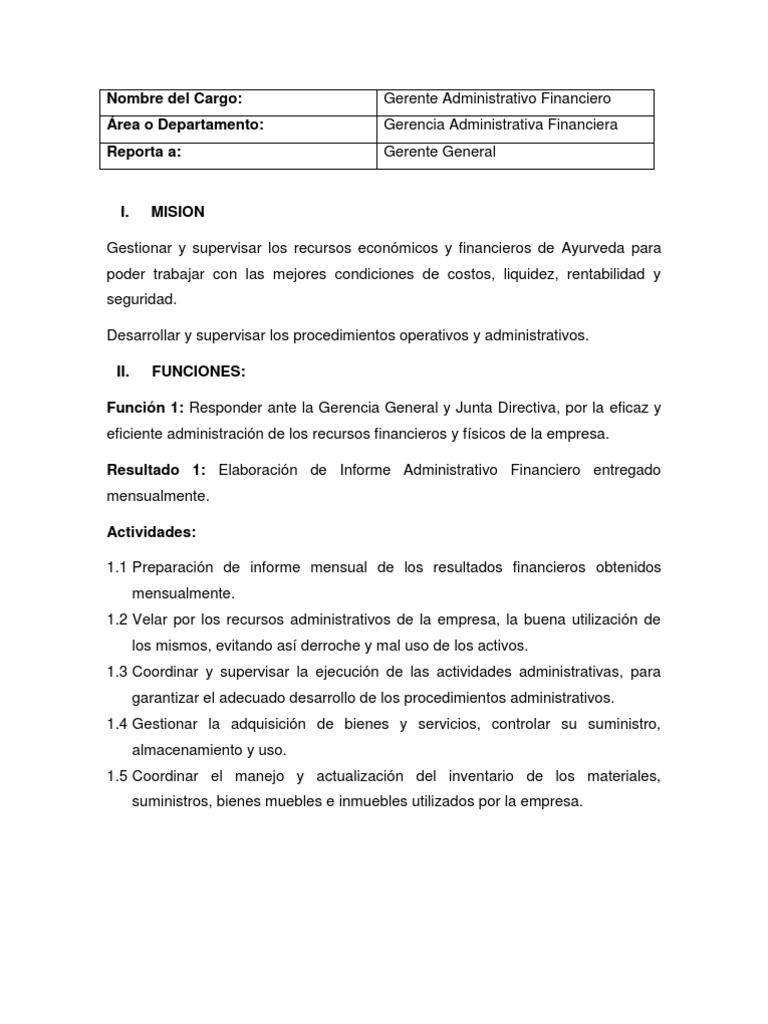 Descriptor de Cargo Gerente Administrativo Financiero | PDF | Presupuesto | Business
