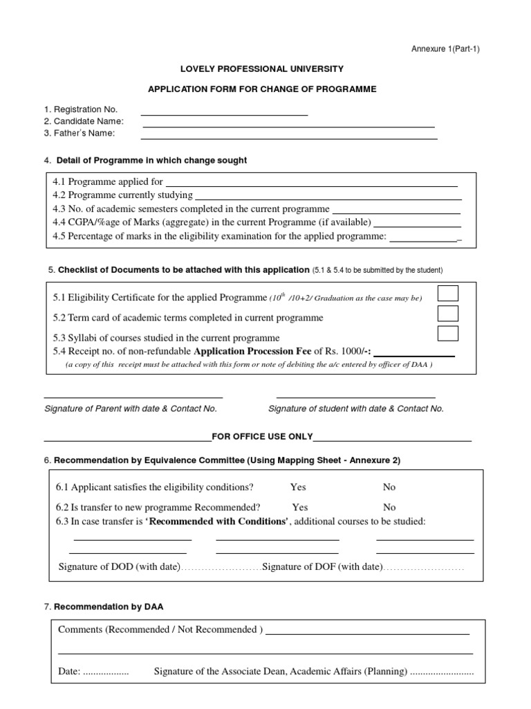 Lovely Professional University Application Form For Change of Programme ...