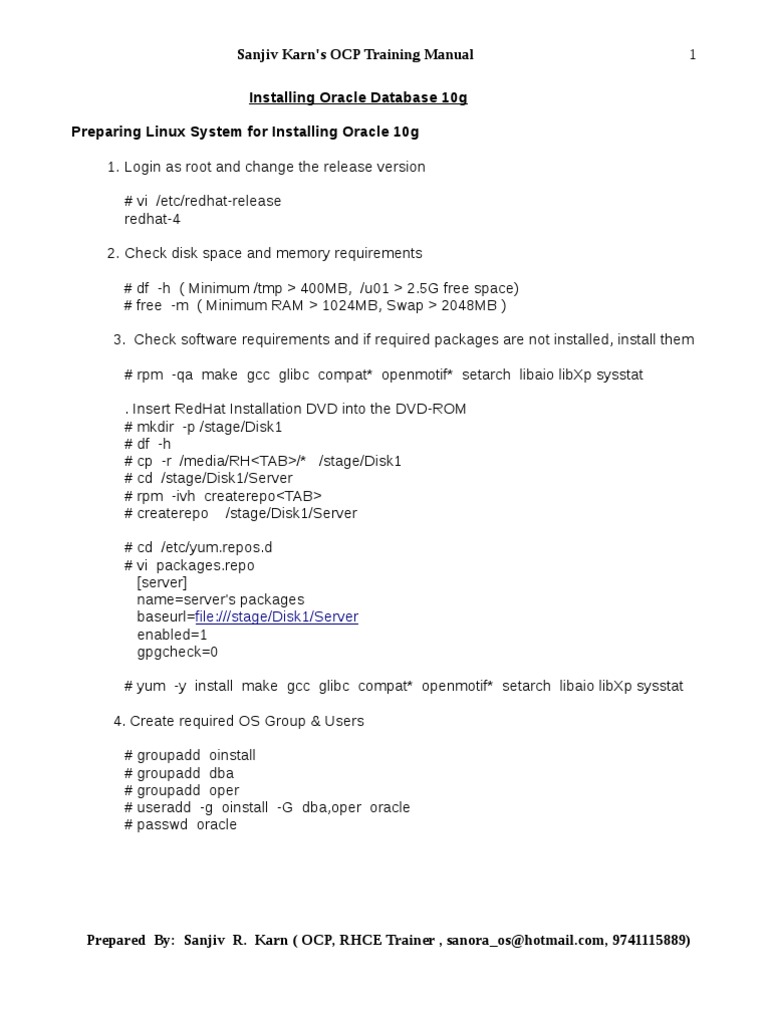 Sanjiv Karn's OCP Training Manual Installing Oracle Database 10g Preparing Linux System For ...