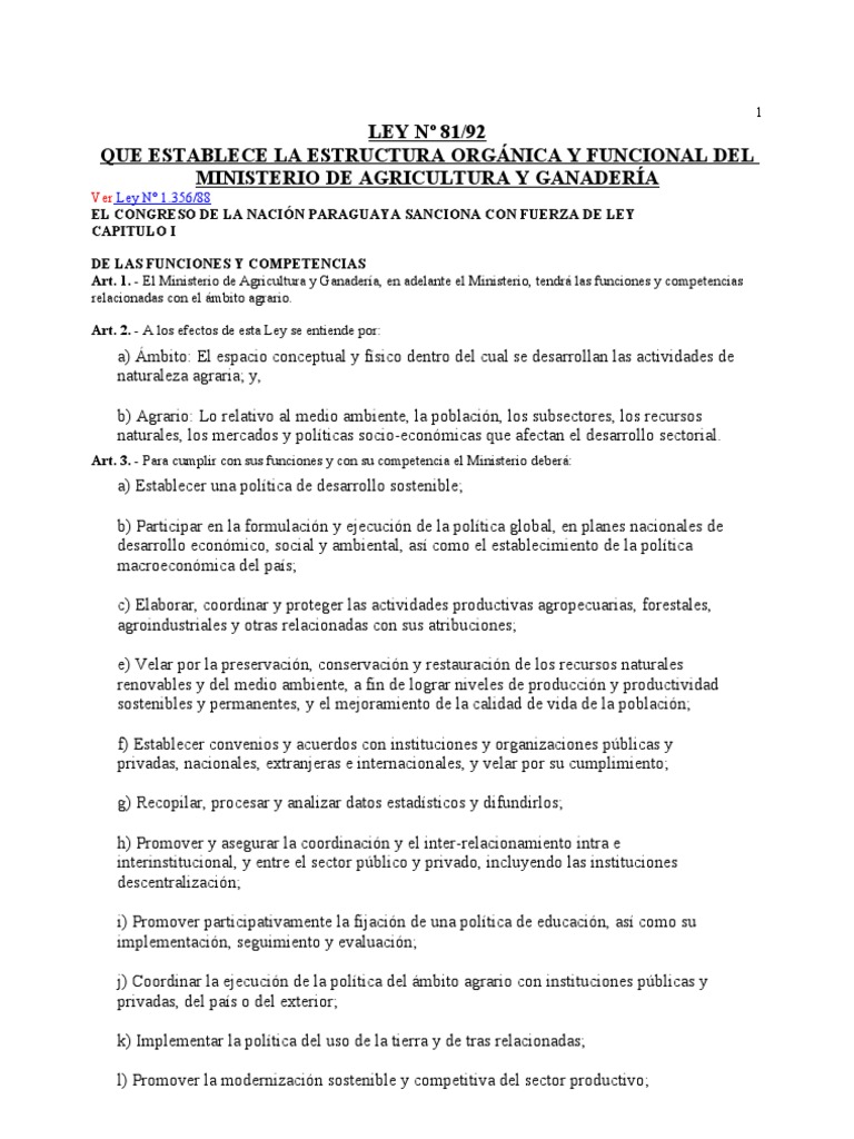 LEY 81 Del 92 Ley Organica Del Ministerio de Agricultura | PDF | Los ...
