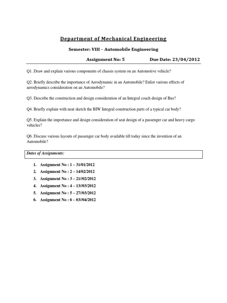 Automobile Engineering Assignment Overview | PDF | Business | Technology & Engineering
