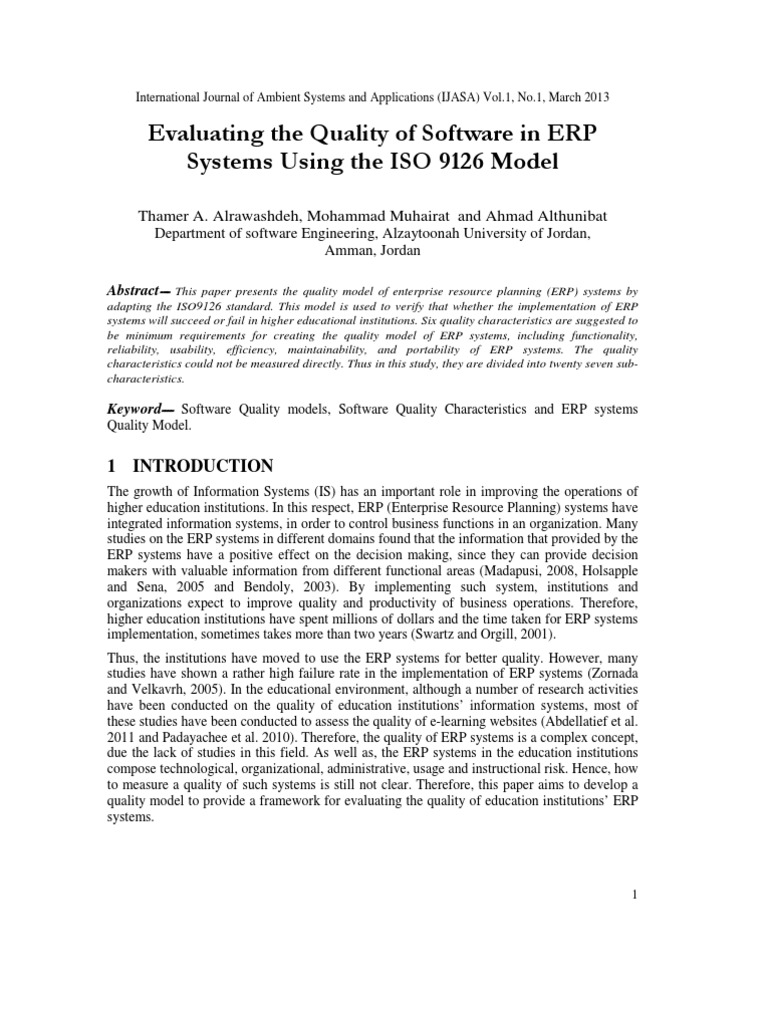 Evaluating The Quality of Software in ERP Systems Using The ISO 9126 Model | PDF | Software ...
