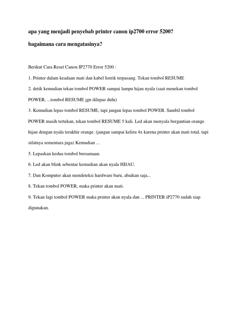 Solusi Printer Canon Ip 2700 - Error 5200 | PDF | Komputer | Teknologi ...