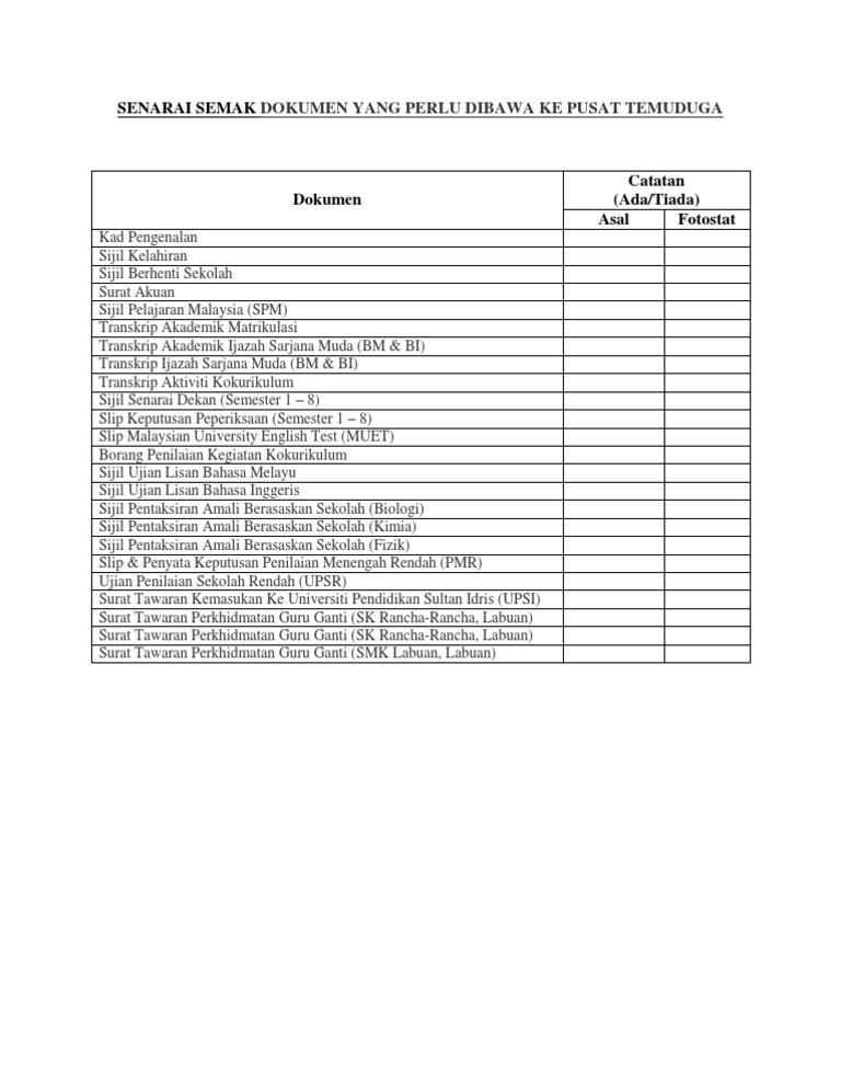 Senarai Semak Dokumen Yang Perlu Dibawa Ke Pusat Temuduga | PDF