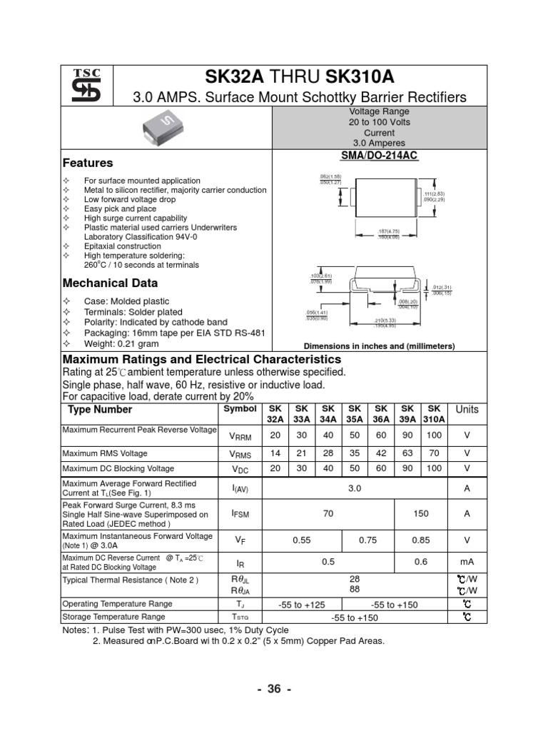 Sk32A Thru Sk310A: 3.0 AMPS. Surface Mount Schottky Barrier Rectifiers ...
