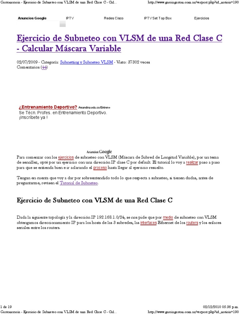 Ejercicio de Subneteo Con VLSM de Una Red Clase C - Calcular MÃ¡scara Variable | PDF | Dirección ...