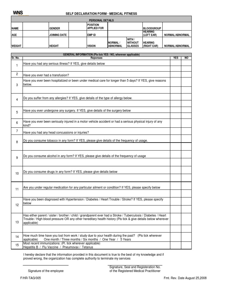 Self Declaration Medical Fitness Form | PDF