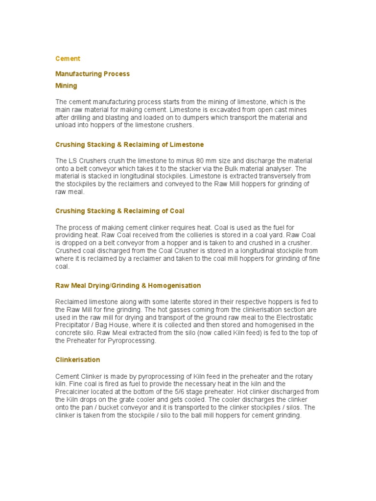 Cement Manufacturing Process | PDF | Mill (Grinding) | Cement