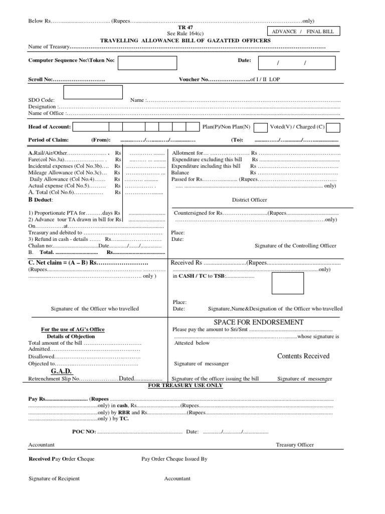 Formtr.47 _travelling Allowance Bill of Gazatted Officers | Rupee | Expense
