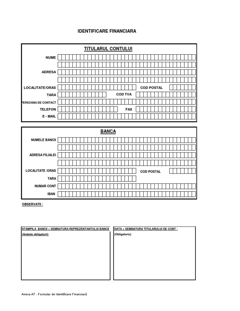 Anexa A7 Formular de Identificare Financiara Invest PB | PDF
