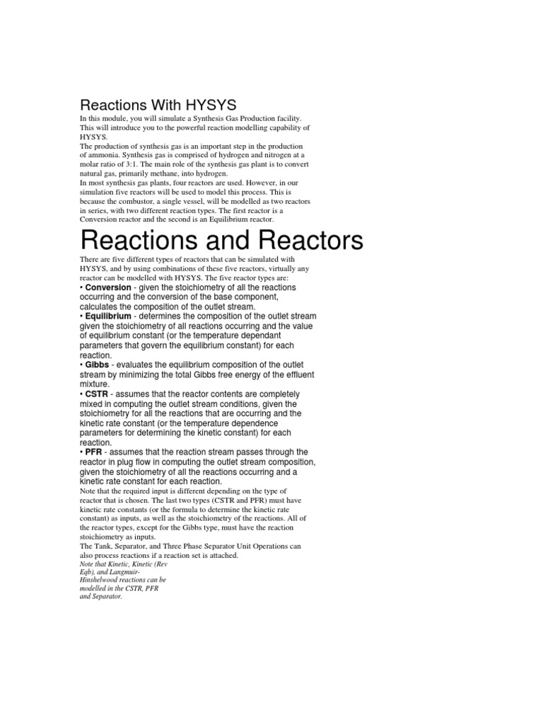 HYSYS Simulation for Synthesis Gas Production | PDF | Chemical Reactor ...