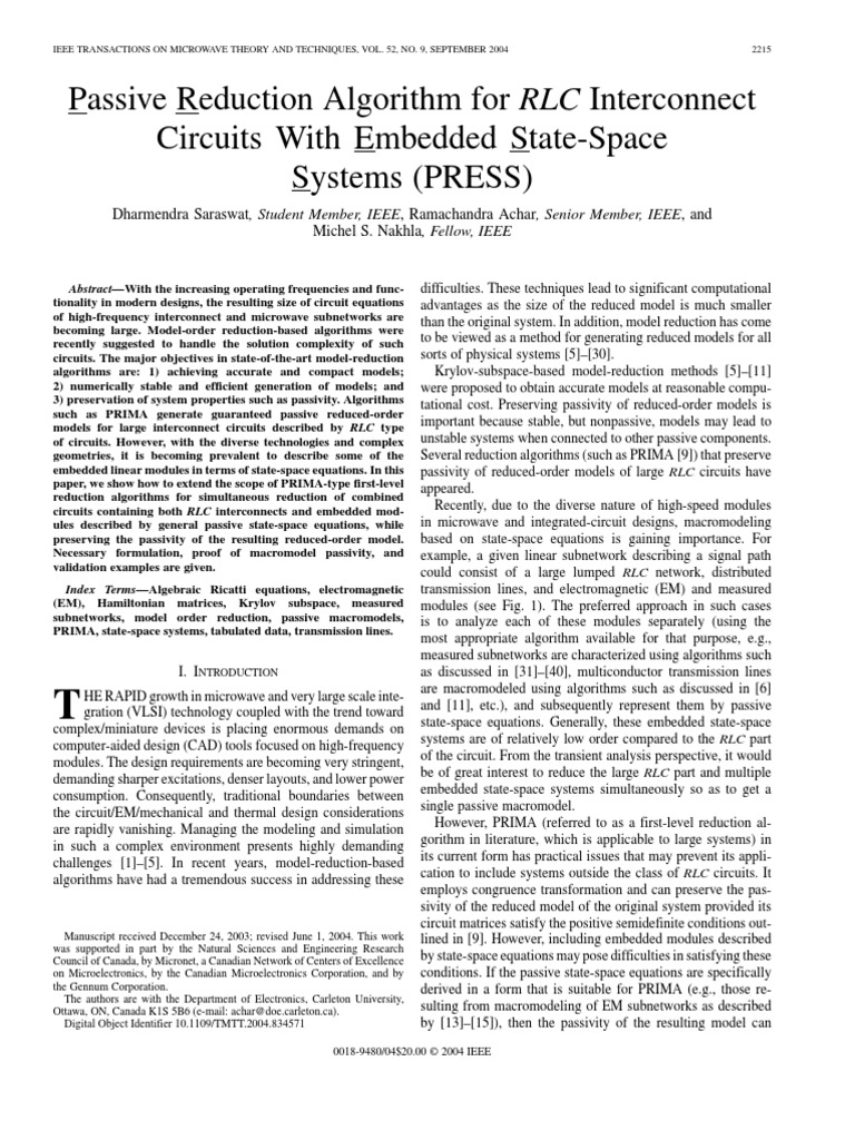Passive Reduction Algorithm For RLC Interconnect Circuits With Embedded ...