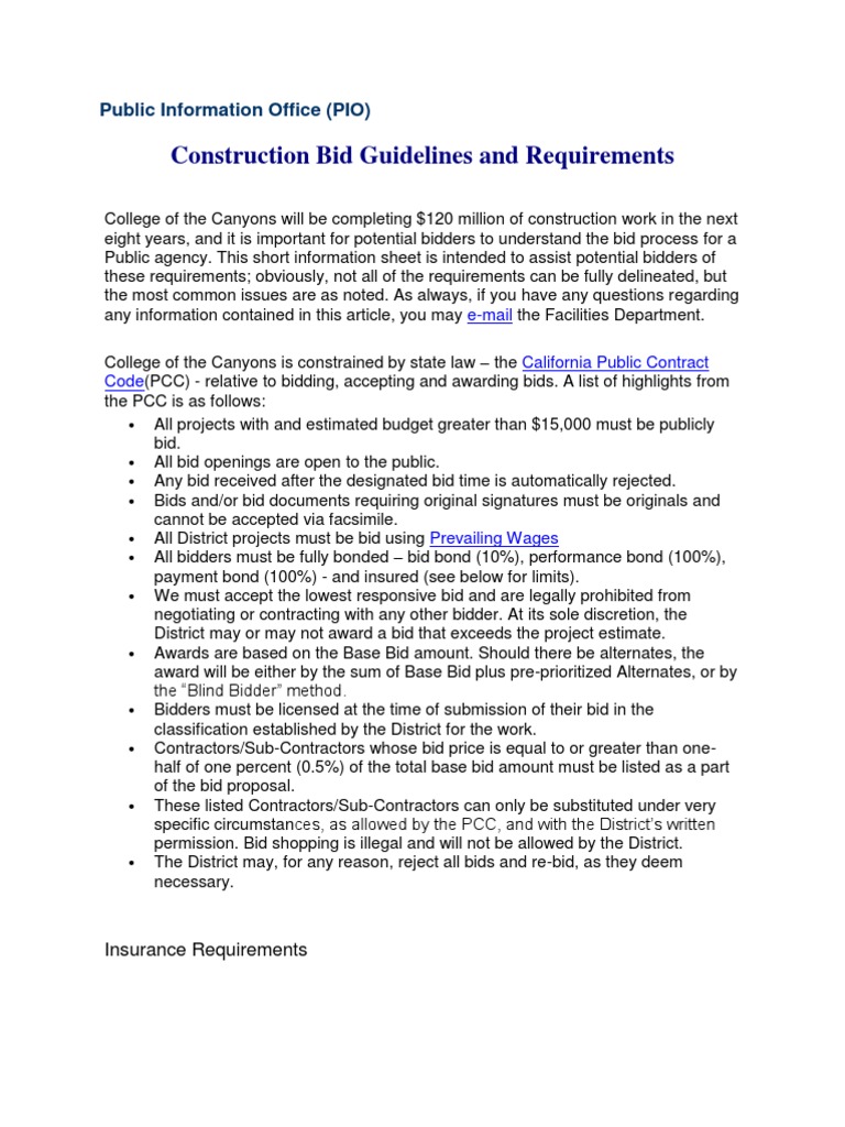 Construction Bid Guidelines and Requirements: Public Information Office ...