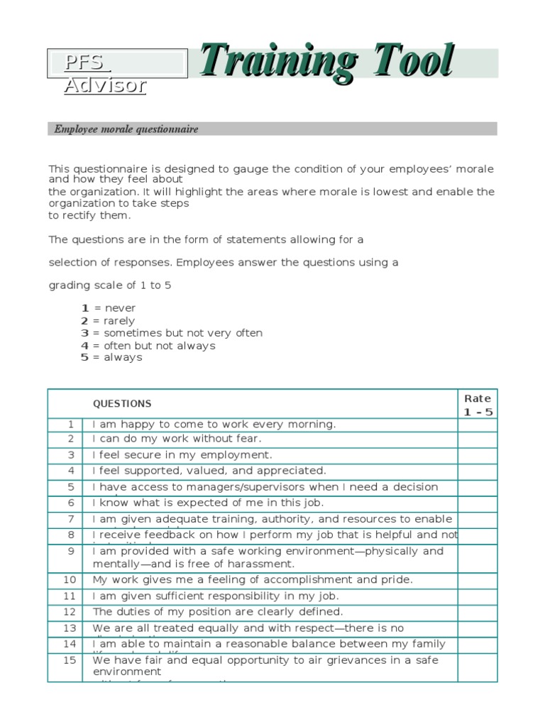 Employee Morale Questionnaire | Morale | Employment
