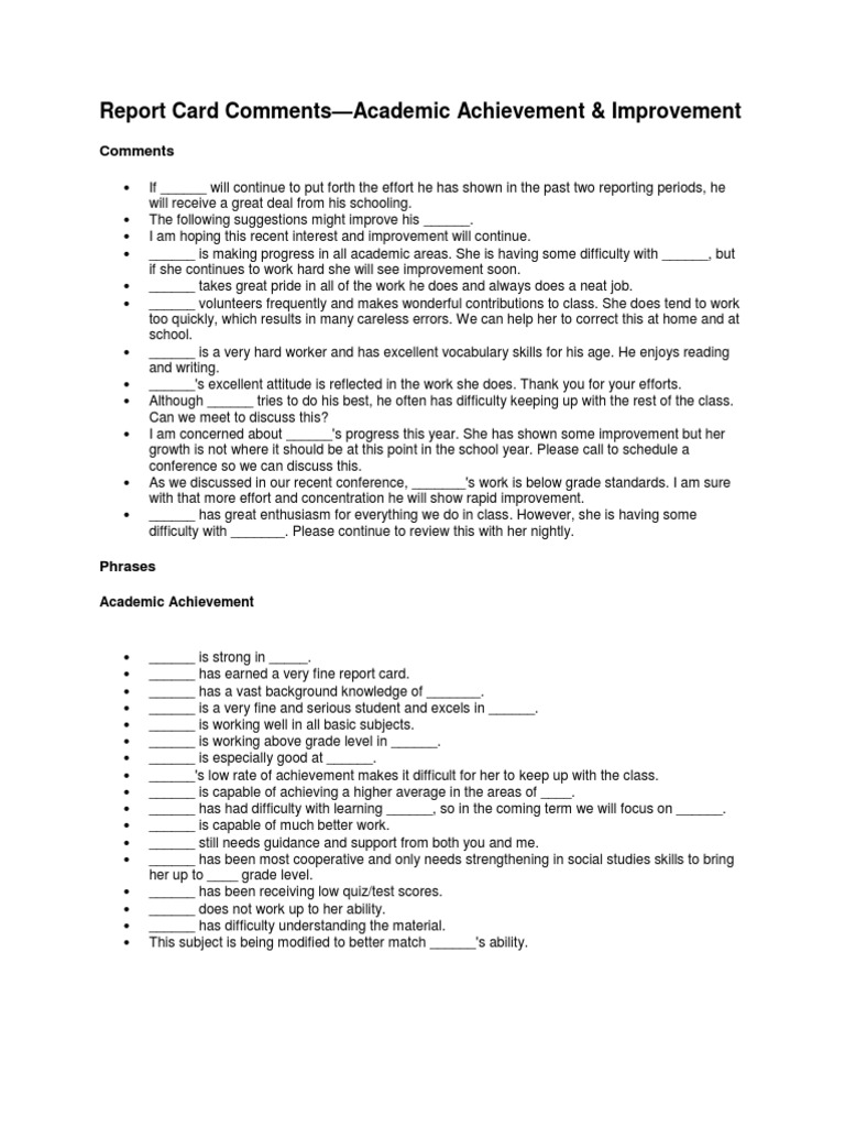 Report Card Comments | PDF | Reading (Process) | Vocabulary